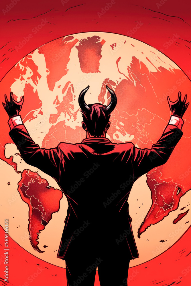 A devil stands with his hands spread out in front of a map of the world ...