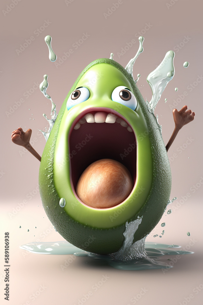 Cartoon scared crazy avocado with oil splash on brown background, fruit ...