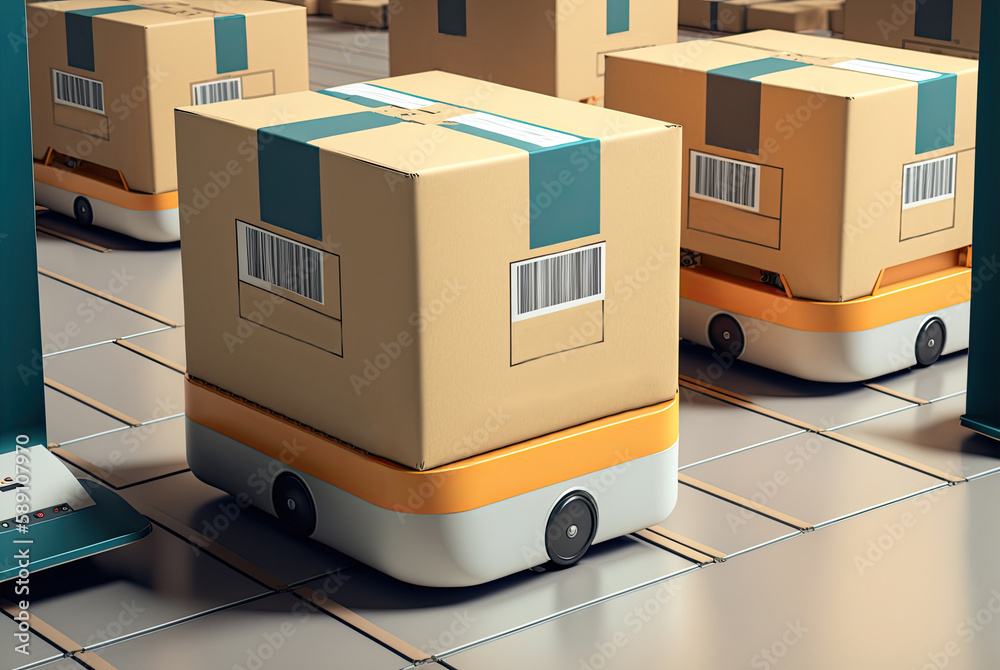 Mobile robot transporting a box in a warehouse. Automated retail warehouse AGV robots delivering ...