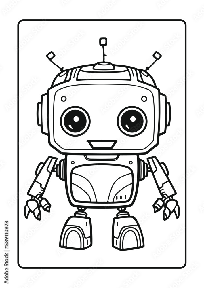 cute robot line art coloring page for kids, black outline on white ...