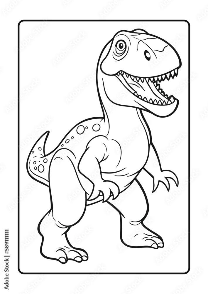 Tyrannosaurus line art coloring page for kids, black outline on white ...