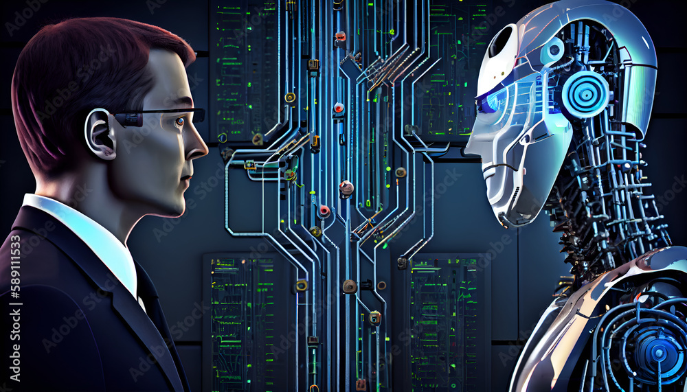 Man and AI robot look at each other. Concept of human and robot war in ...