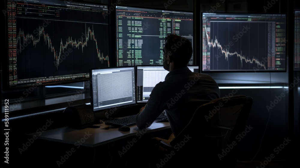 Man working on computer, back view. A man looks at a computer screen ...