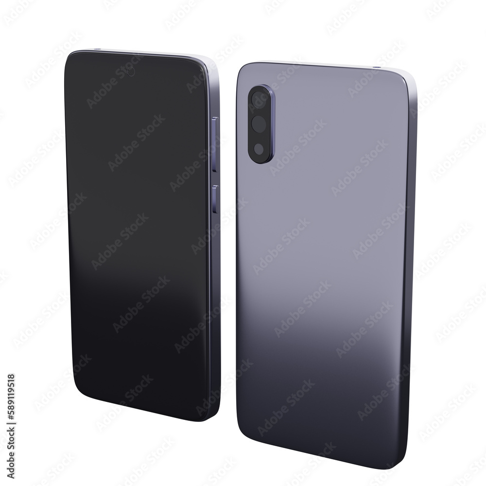 Metal mobile phone front and back perspective view isolated on white ...
