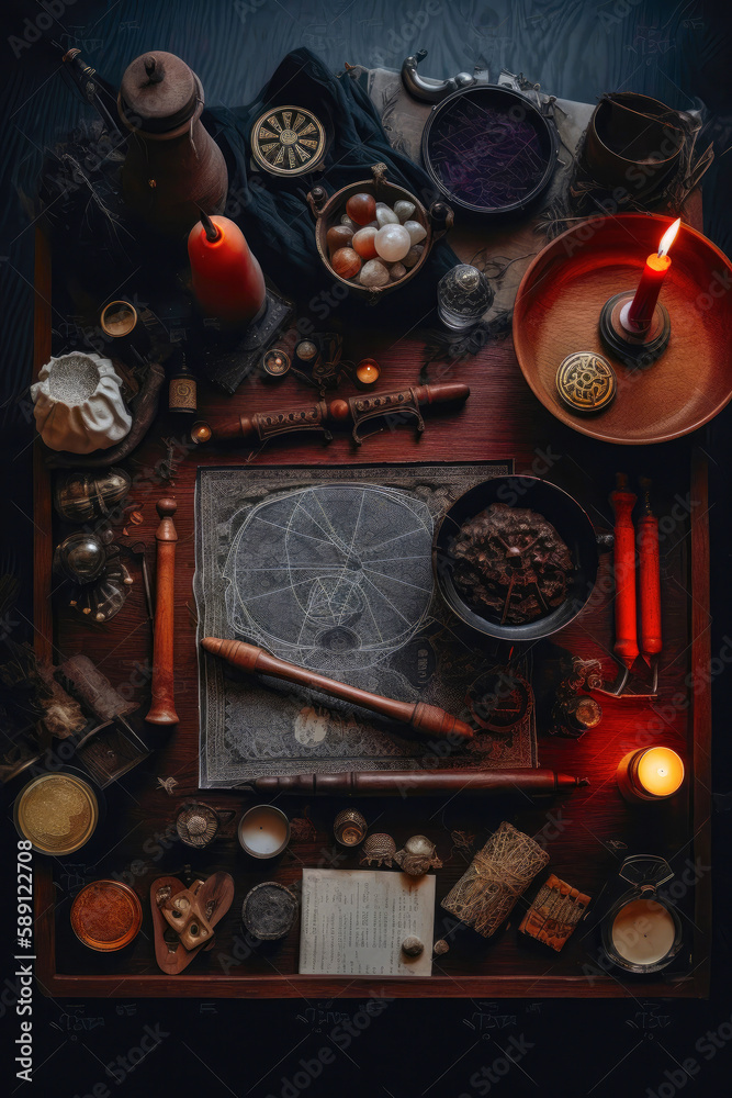 Wizard table with witchcraft accessories. Vertical format. Created with ...