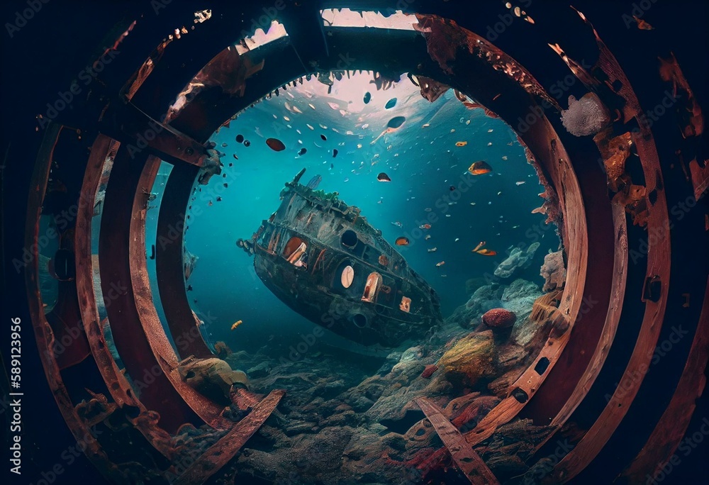 Interior of a sunken ship. Underwater illustration featuring a rusting ...