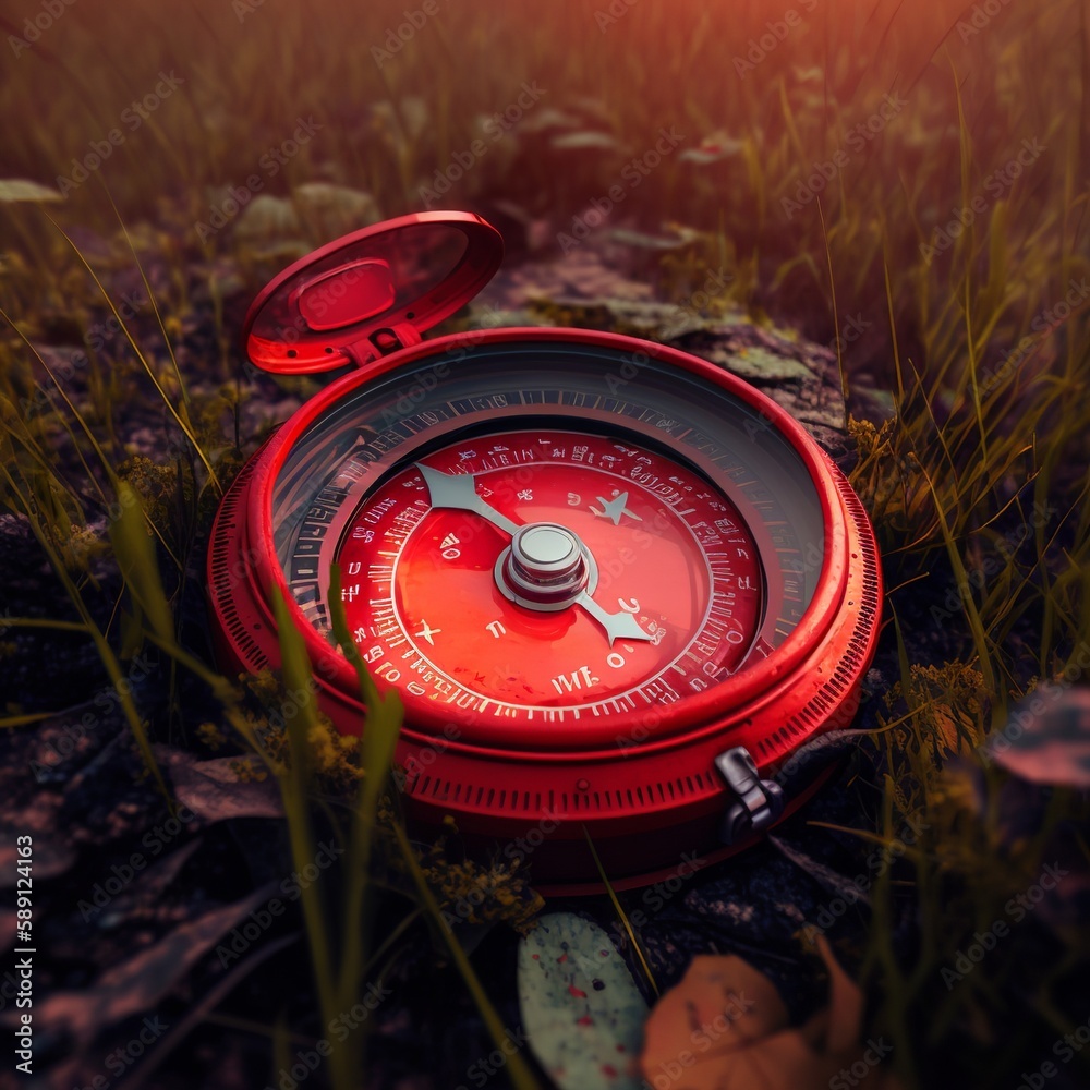red compass in nature abandoned on the ground in uninhabited ...