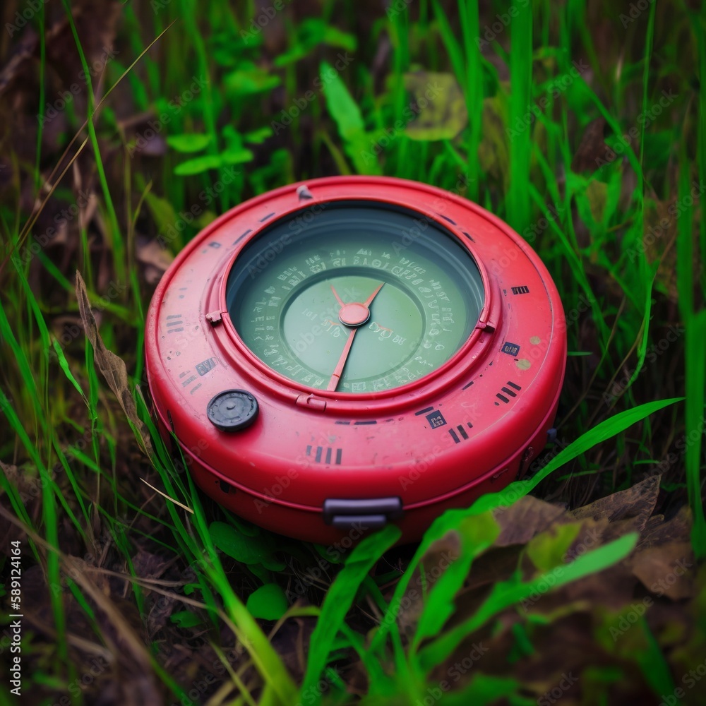 red compass in nature abandoned on the ground in uninhabited ...