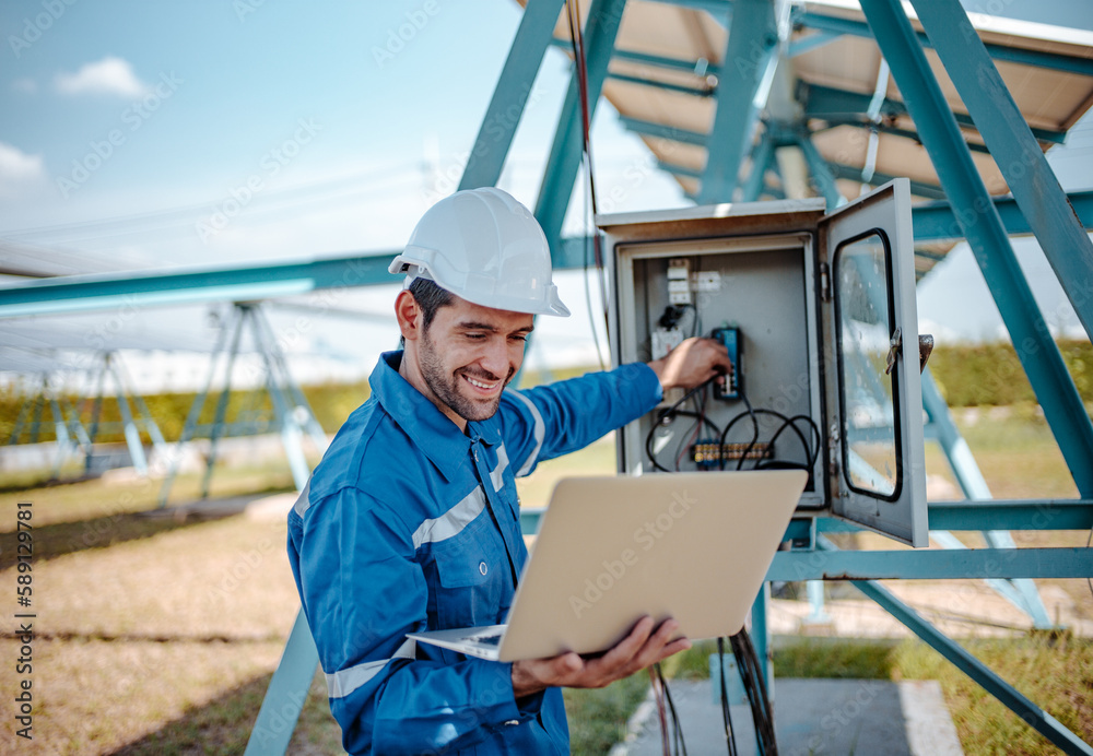 Solar electric installer and practitioner inspect electrical systems ...