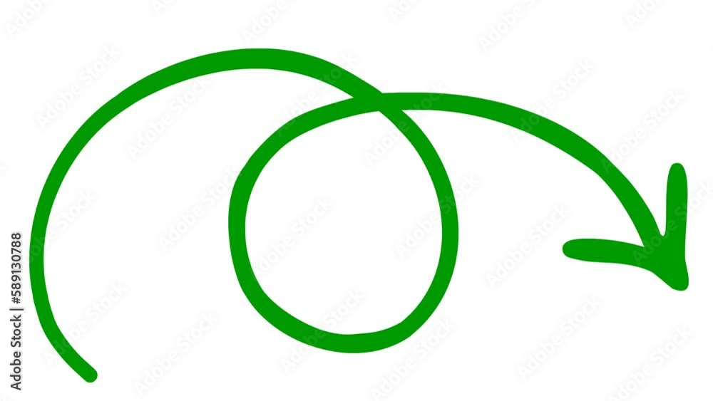 Animated symbol of arrow with loop. Hand drawn green arrow points to ...