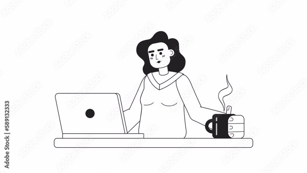 Animated Mono Lady With Laptop Female Freelance Programmer Thin Line Flat Character Animation
