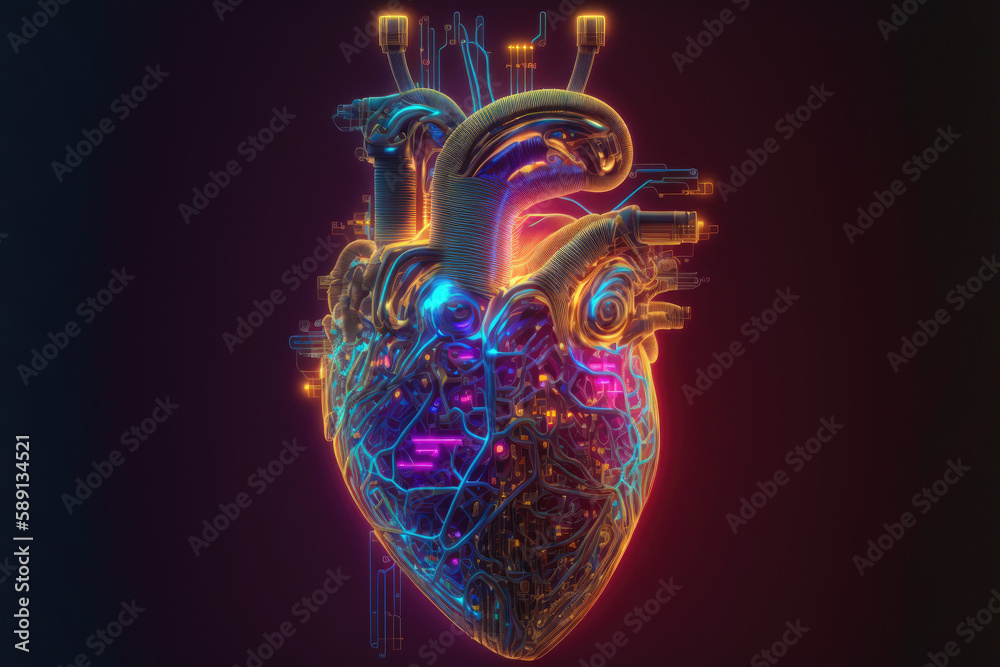 Cyberpunk high-tech neon glowing heart natural shape on dark background ...