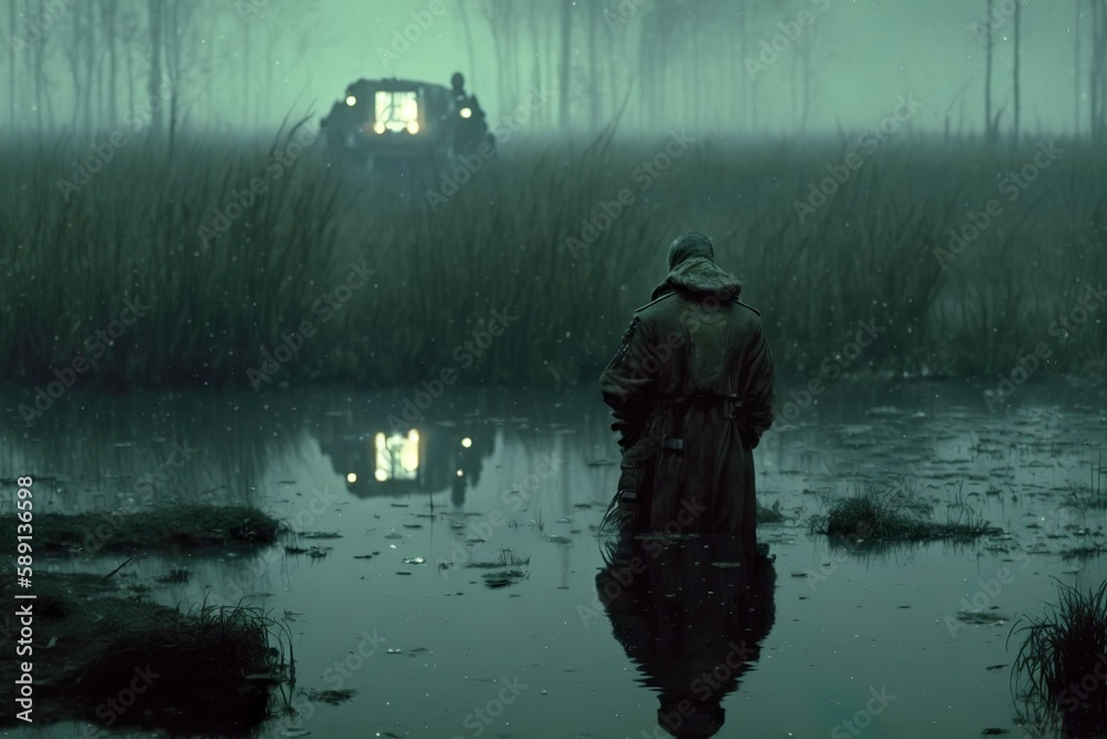 Dark polluted sunken swamp city in cyberpunk environmental post ...