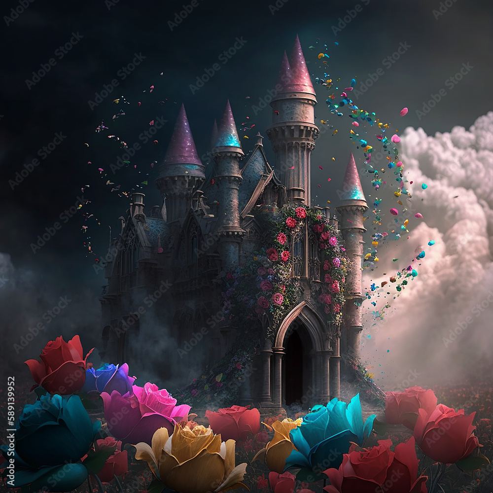 Fantasy Castle in an enchanted garden, Fairy tale landscape, magnificent scenery. Original ...