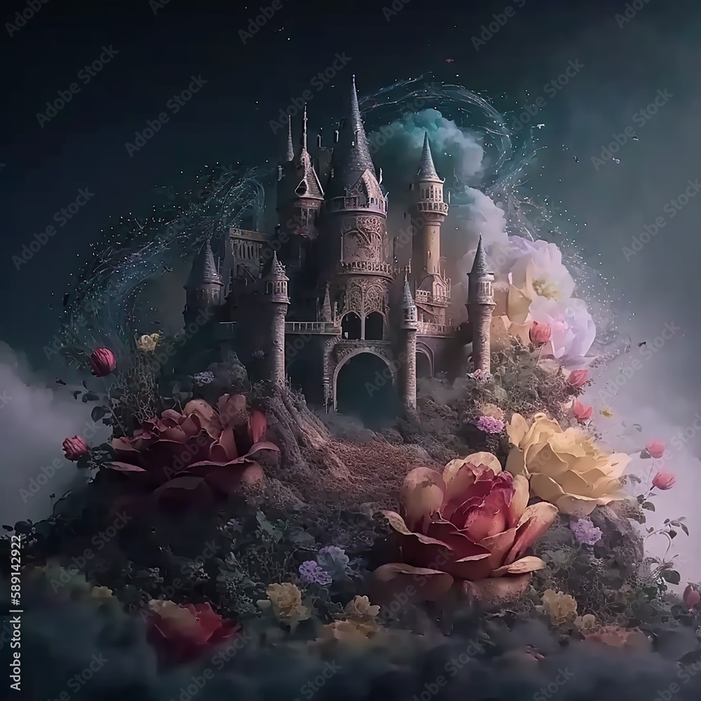 Fantasy Castle in an enchanted garden, Fairy tale landscape ...