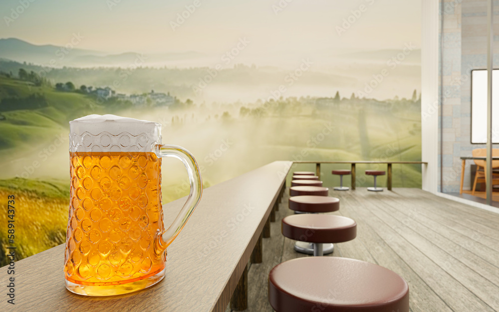 Draft or craft beer in clear glass with beer foam on top Put on set of ...