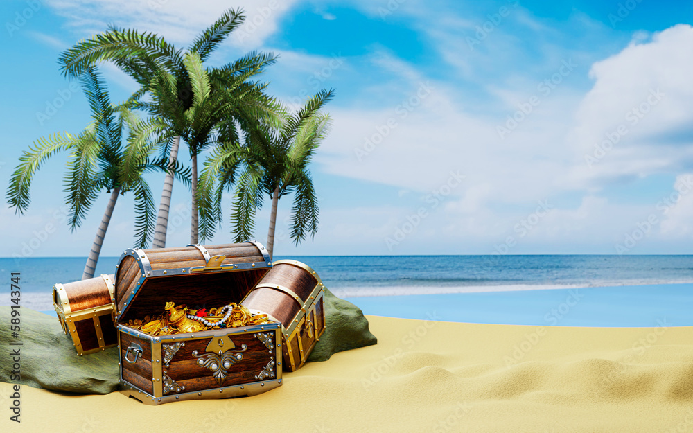 panorama view boxes or treasure chests. wooden treasure chest put on ...