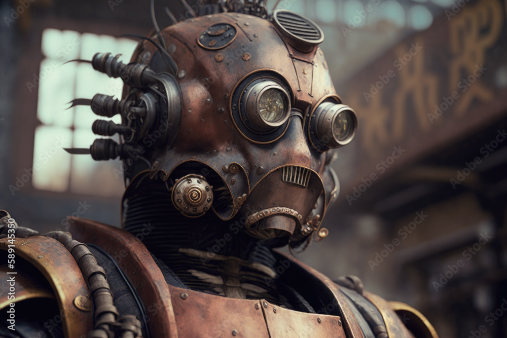 Generative AI illustration of old rusty metal robot with wires and gas ...
