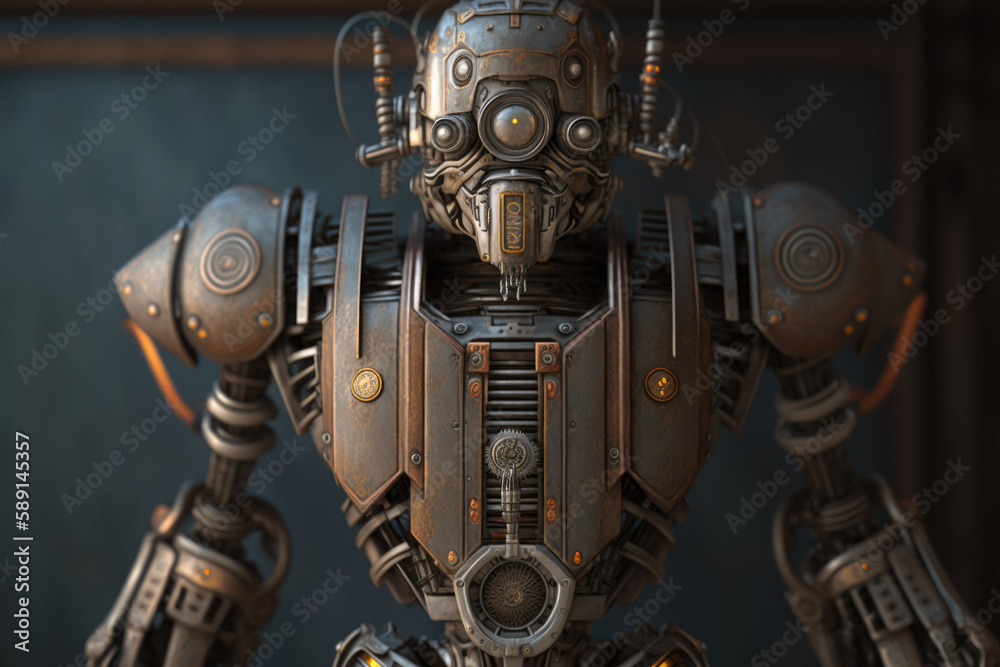 Generative AI illustration of old rusty metal robot with wires and gas ...