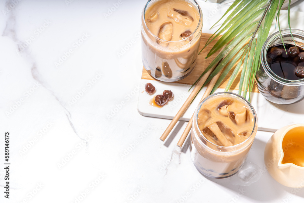 Iced tapioca coffee latte or boba pearl bubbles milk tea, asian trendy ...