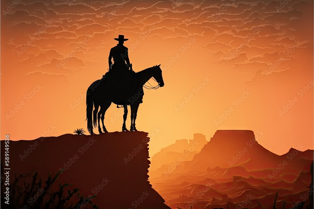 Silhouette of a cowboy on a horse standing on a ledge of a high cliff ...
