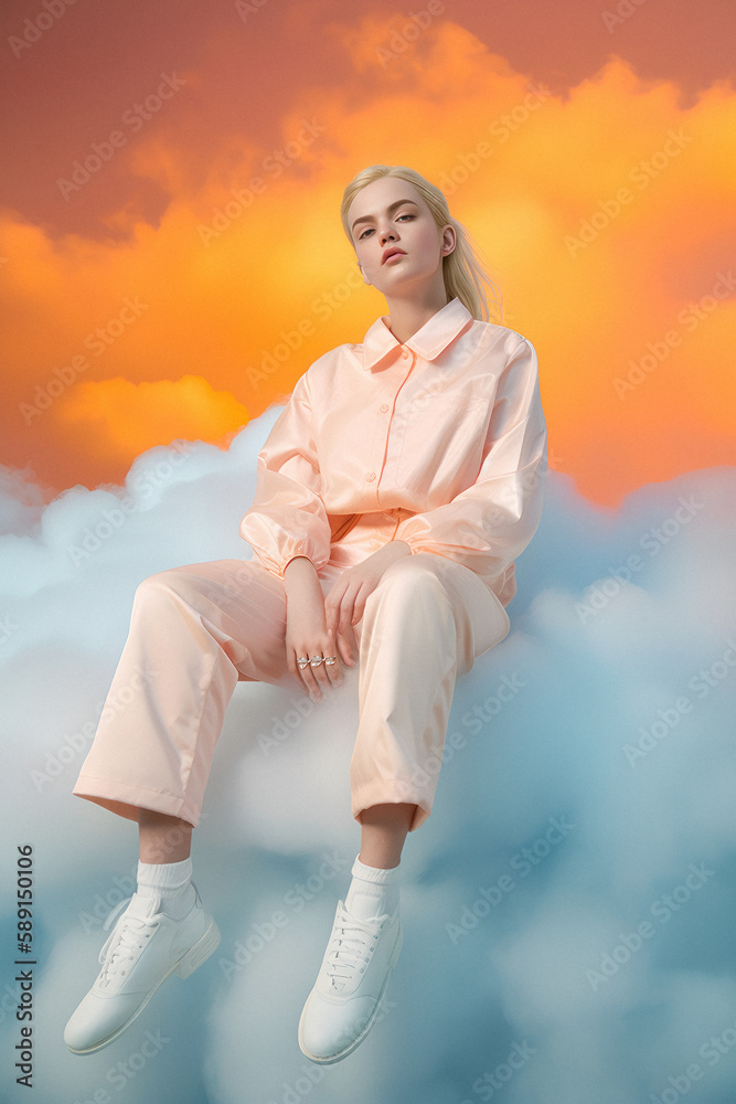 A young, beautiful girl who is in the clouds, thick white clouds on ...