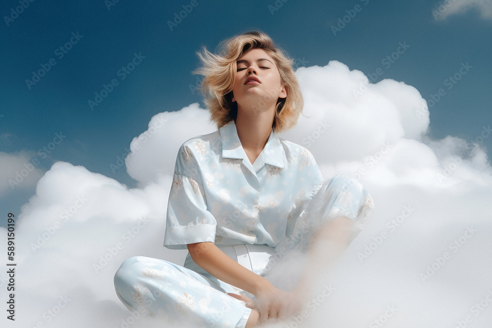 A young, beautiful girl who is in the clouds, thick white clouds on ...