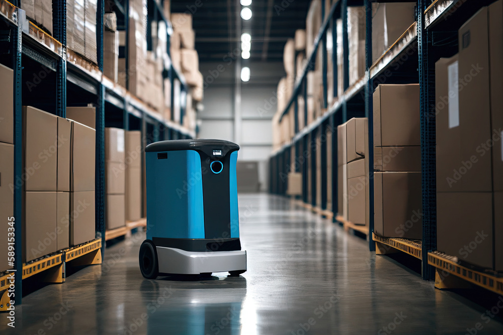 Generative AI illustration of blue Automatic Guided Vehicle amidst ...