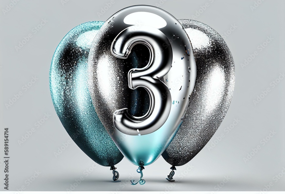 3 silver Birthday ballon with blue baloons. Number three glitter silver ...