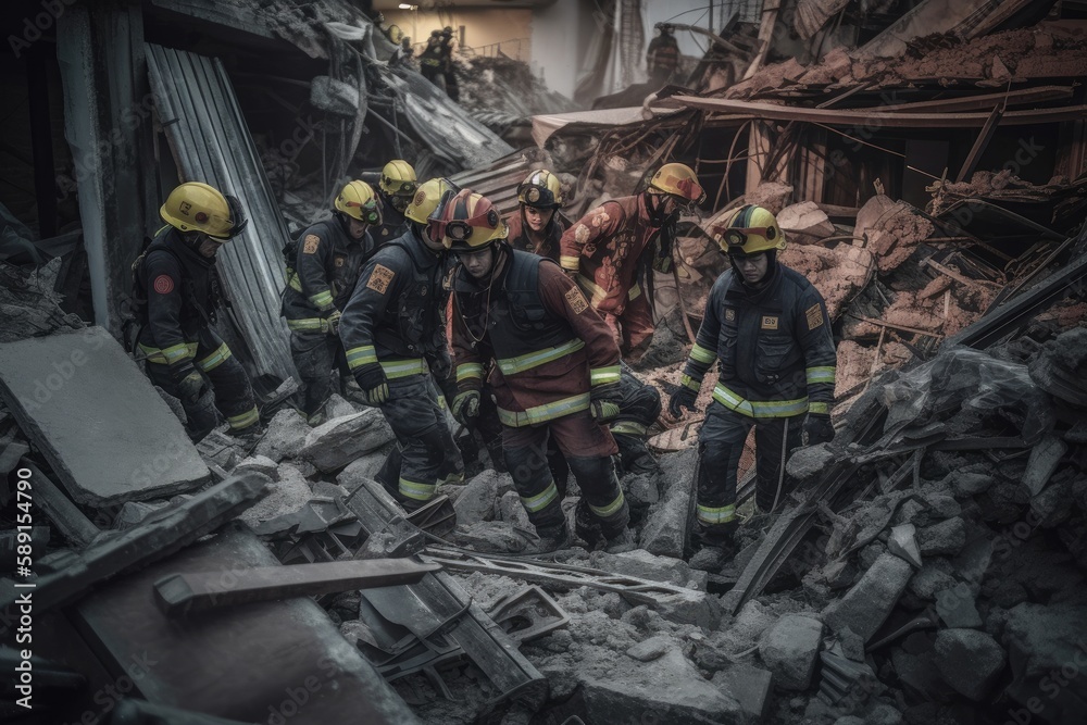Firefighters Rescue Survivors from Rubble.Courageous firefighters work ...