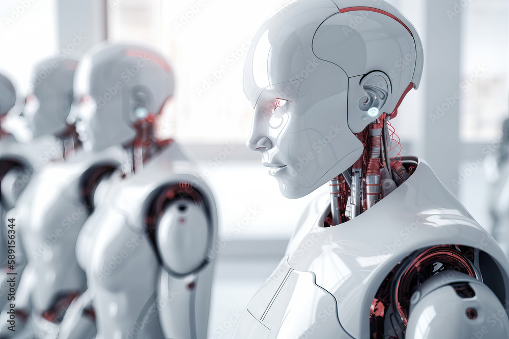 Generative AI image of humanoid robots with reflection standing in ...