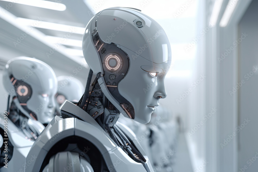 Generative AI image of humanoid robots with reflection standing in ...