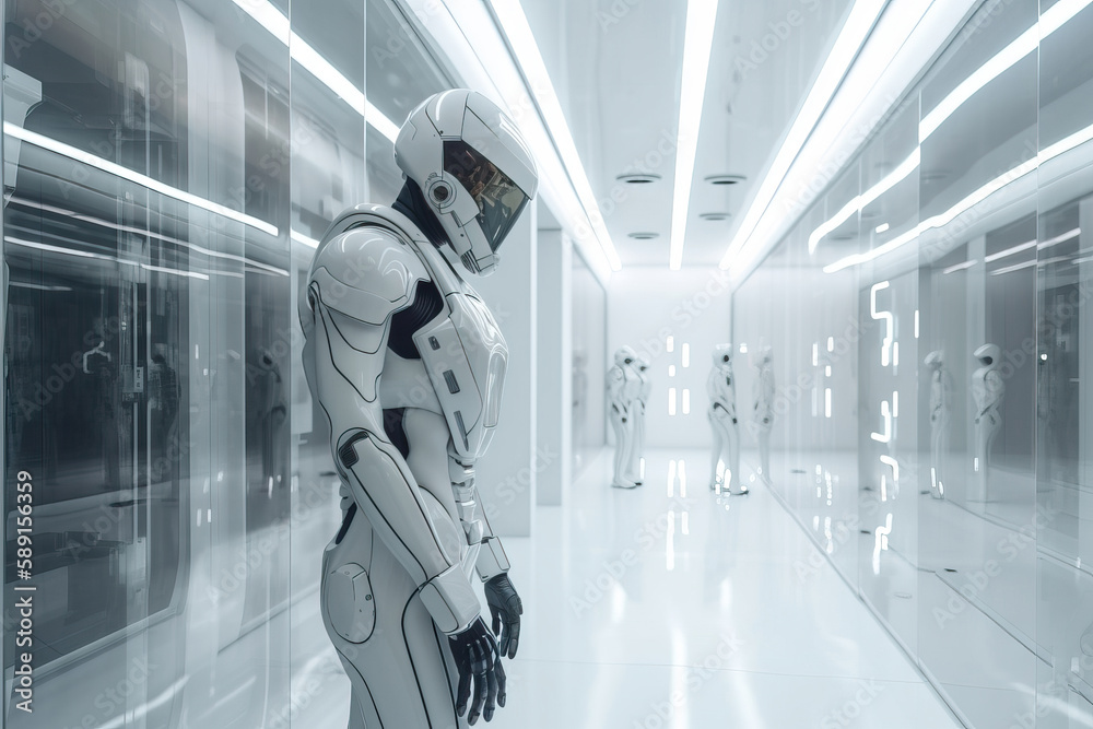 Generative AI image of robots with helmets standing in illuminated room ...