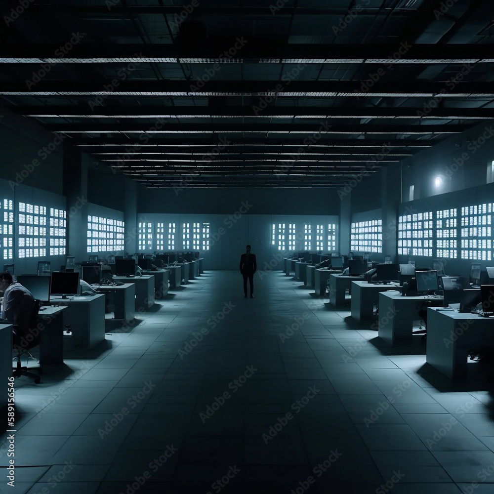 one hundred empty cubicles in a very dark office floor with one ...