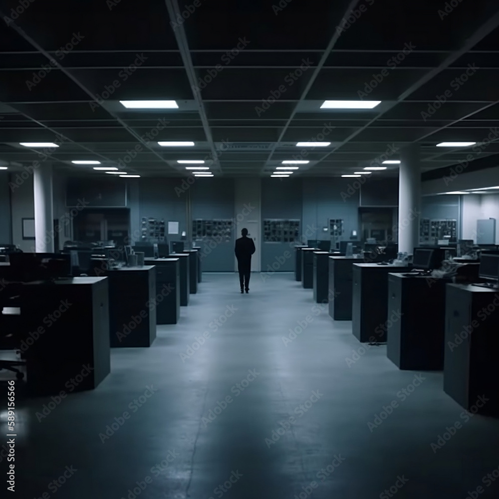 one hundred empty cubicles in a very dark office floor with one ...