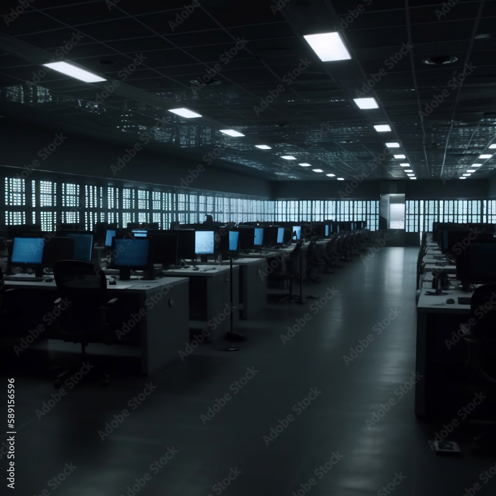 one hundred empty cubicles in a very dark office floor with one ...