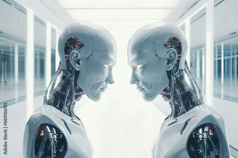 Generative AI illustration of side view of white futuristic robots ...