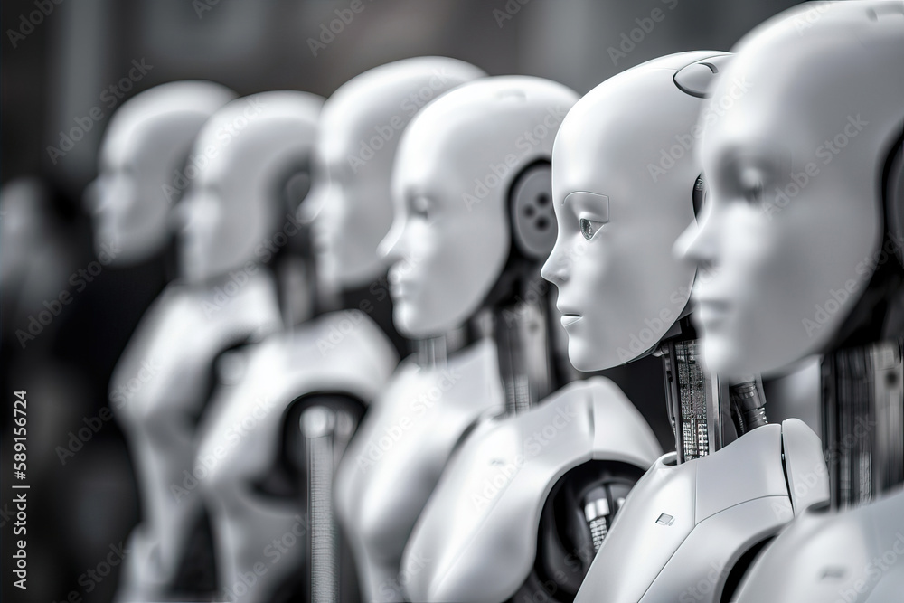 Generative AI illustration of group of futuristic female cyborgs standing together on street in ...