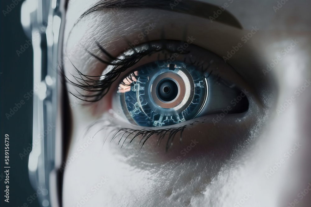 Generative AI illustration of futuristic woman cyborg with blue light on eye scanning retina ...
