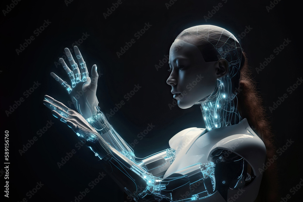 AI generated illustration of side view female cyborg illuminated with ...