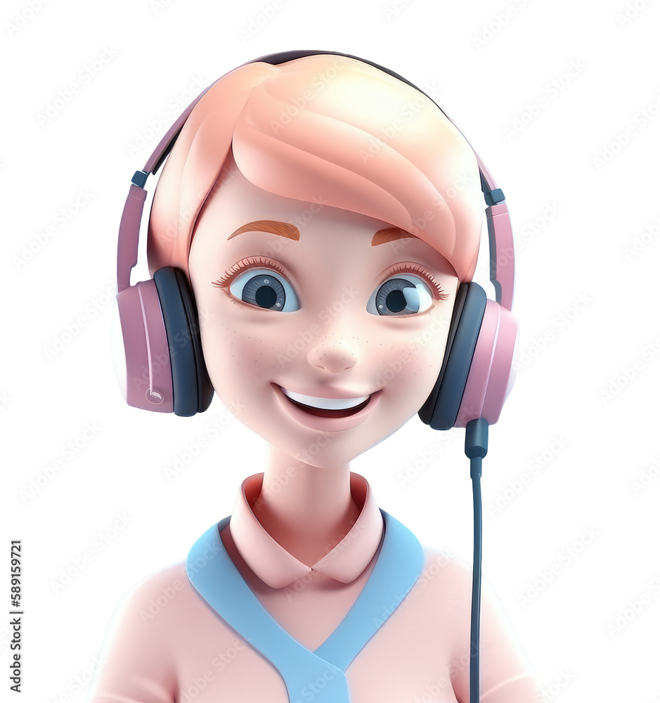 3d cute icon young female call center agent with headset. Smiling ...