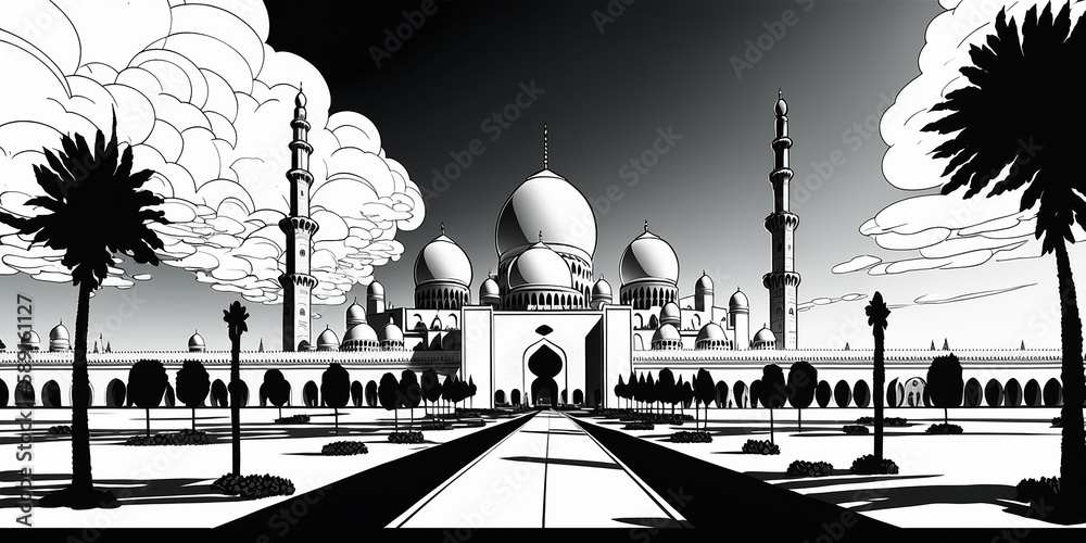 mosque, sketch, illustration, vector, cartoon, ramadhan, eid, fitr, 2d ...
