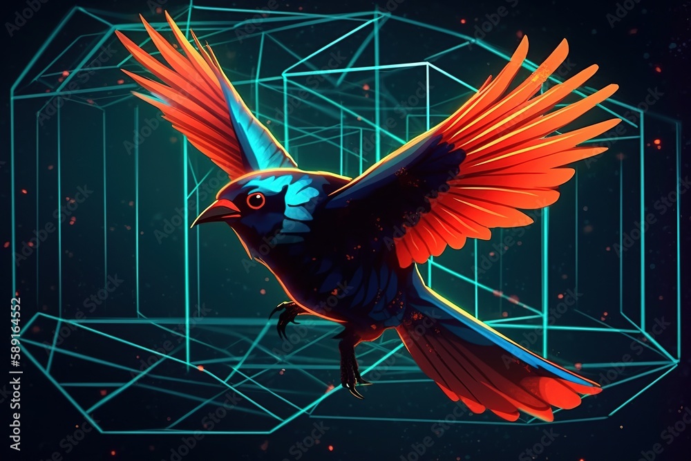 Stylized digital illustration of a bird flying out of a cage in bold ...
