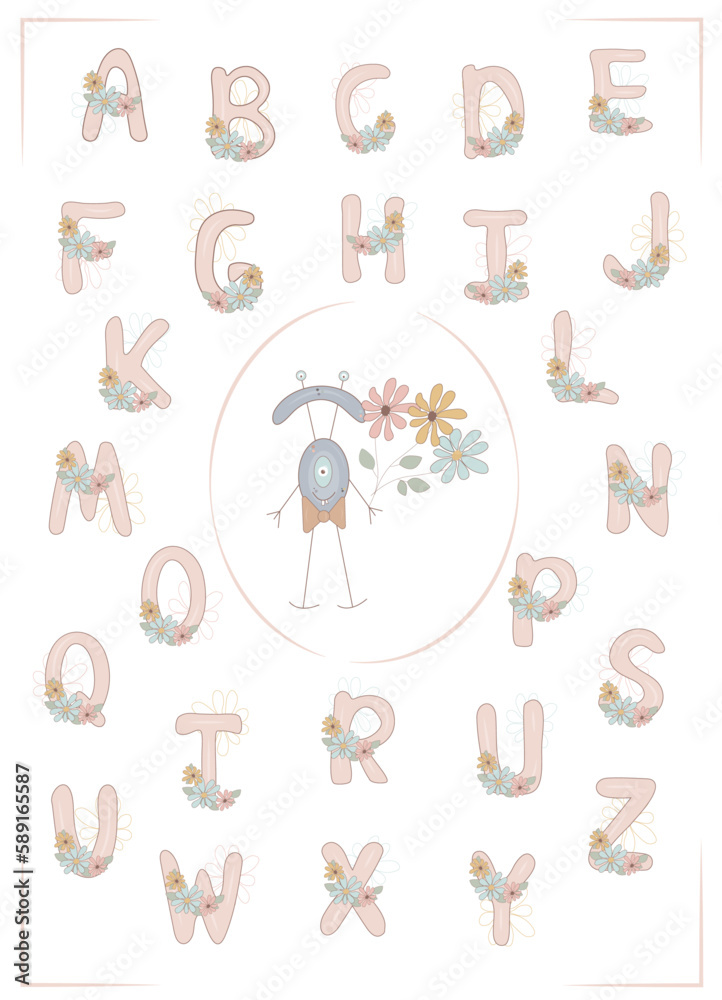 Hand drawn Flowers Alphabet clip art, ABC Poster, Kids Educational ...