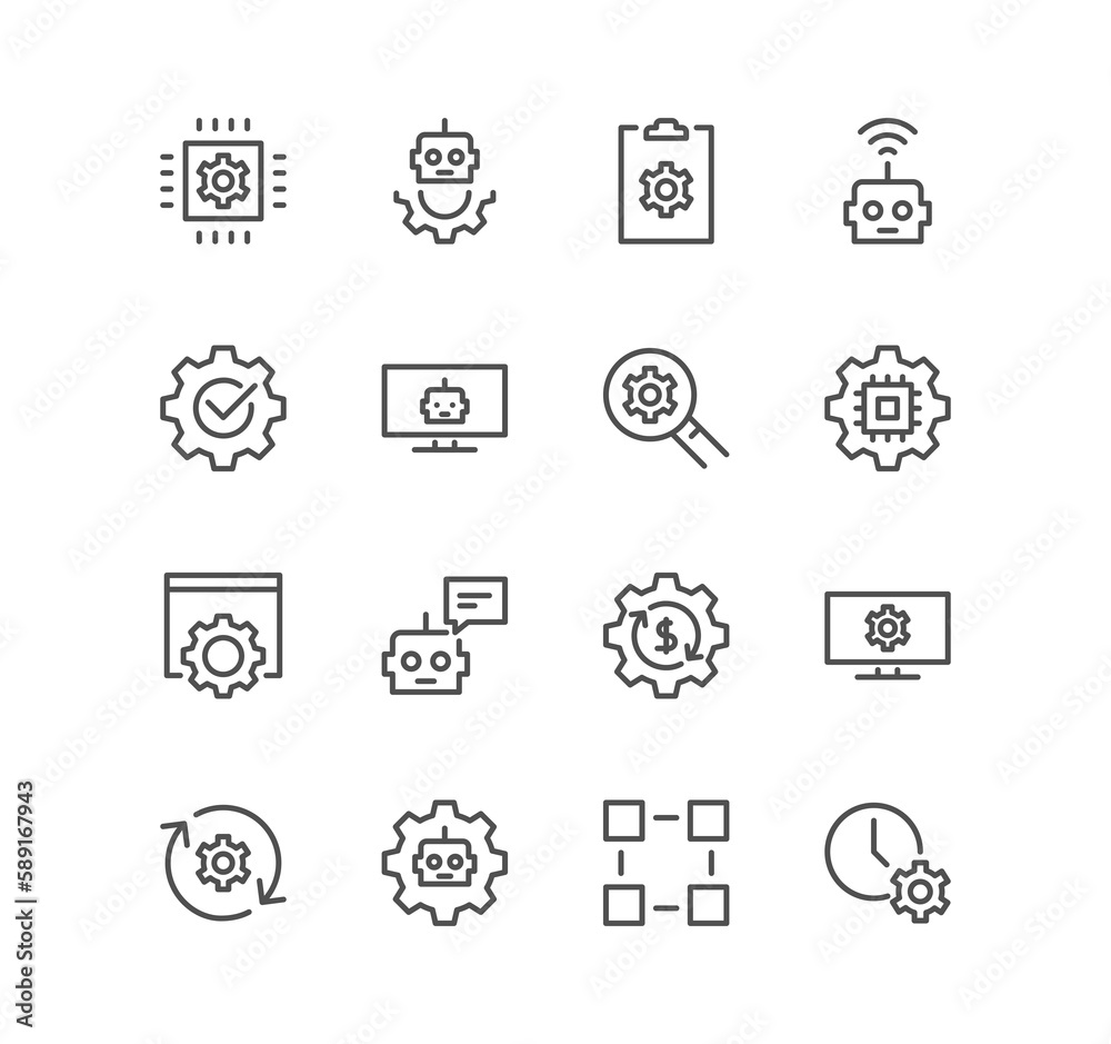 Set of robots related and robotic process automation icons, autopilot ...