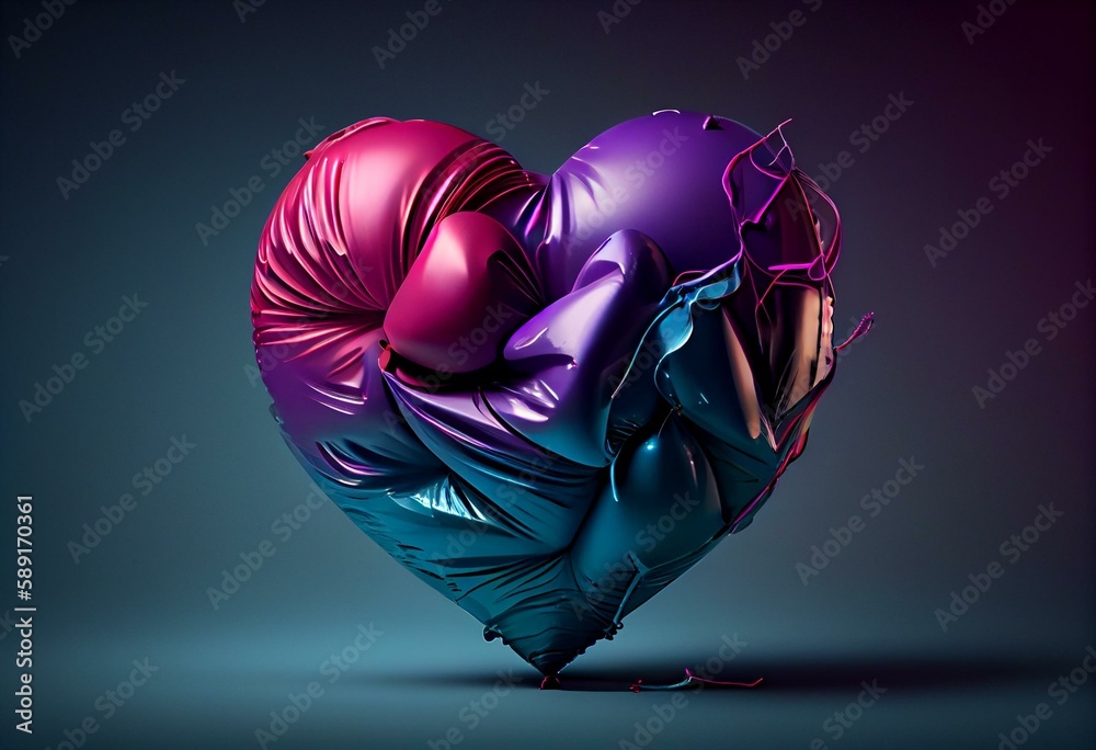 Heart shaped inflated balloon floating on empty background. Blue, pink ...