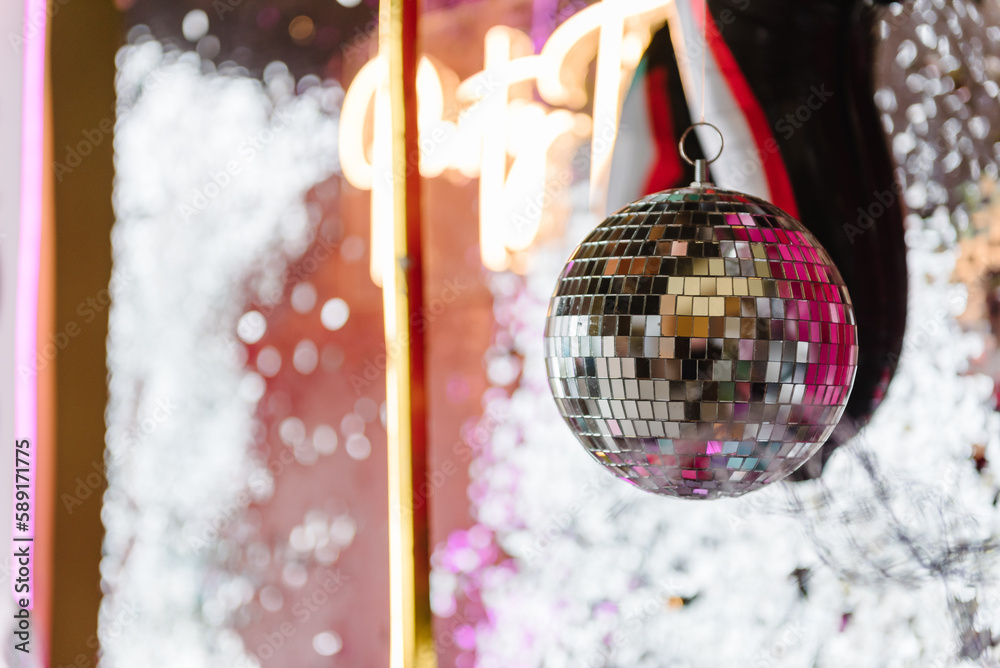 Disco ball. Happy New Year 2024. Bright glowing disco ball on photo ...