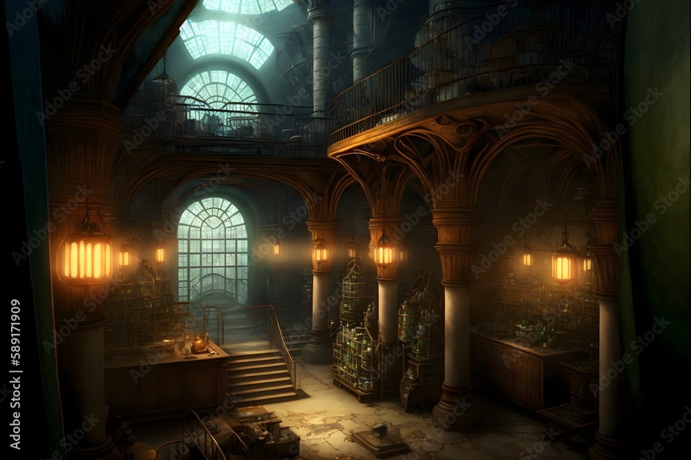 massive underground victorian era laboratory interior view multiple ...