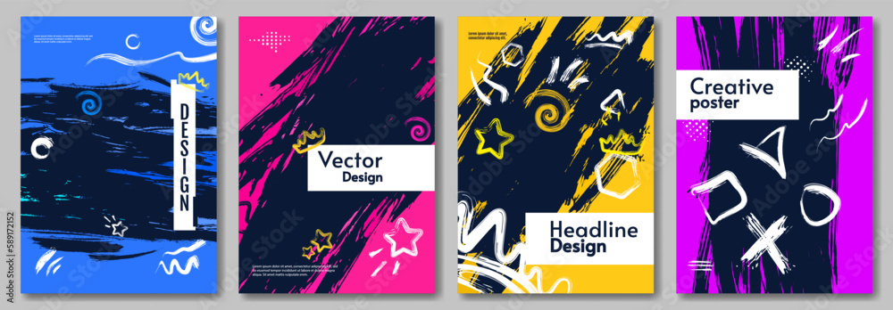 Set of abstract posters with dark backdrop. Modern cool colors, hand ...