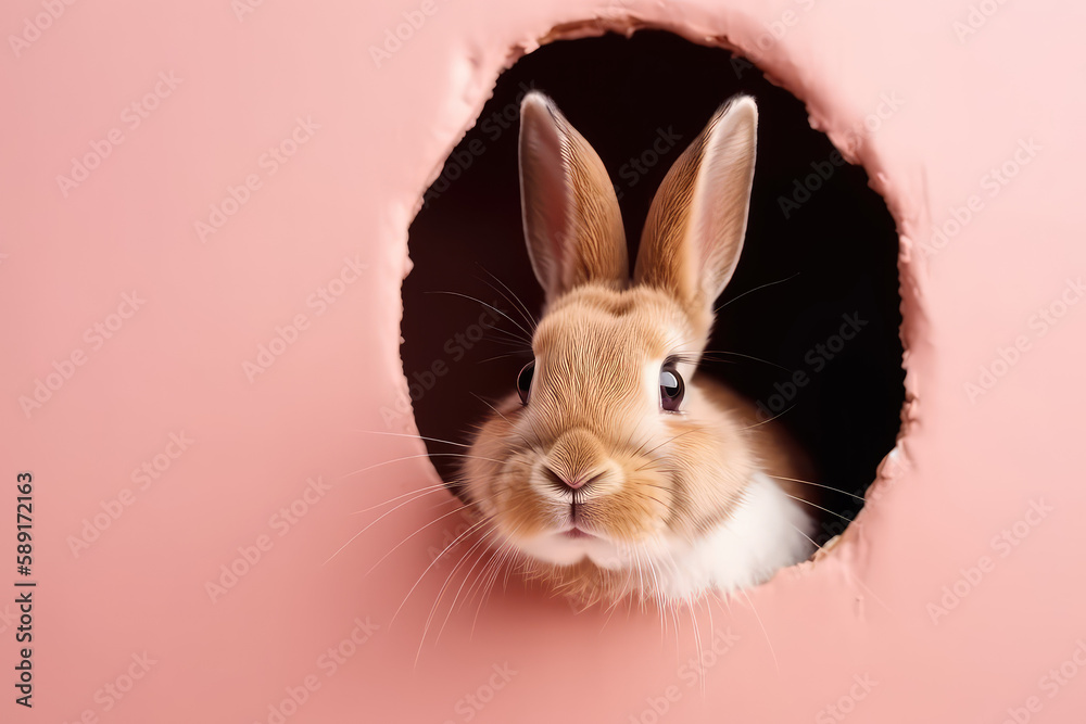 A cute caramel fur Easter bunny peeks out of a hole in the wall of a ...